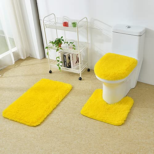 ECM. 2pc - 3pc Beautiful Living Room Rug Set - Solid Aesthetic Soft Fluffy Rug Carpet for Home, Dining Room, and Kitchen - Faux Fur Anti Slip Rug & Water Absorber Bathroom Carpet Set - Yellow