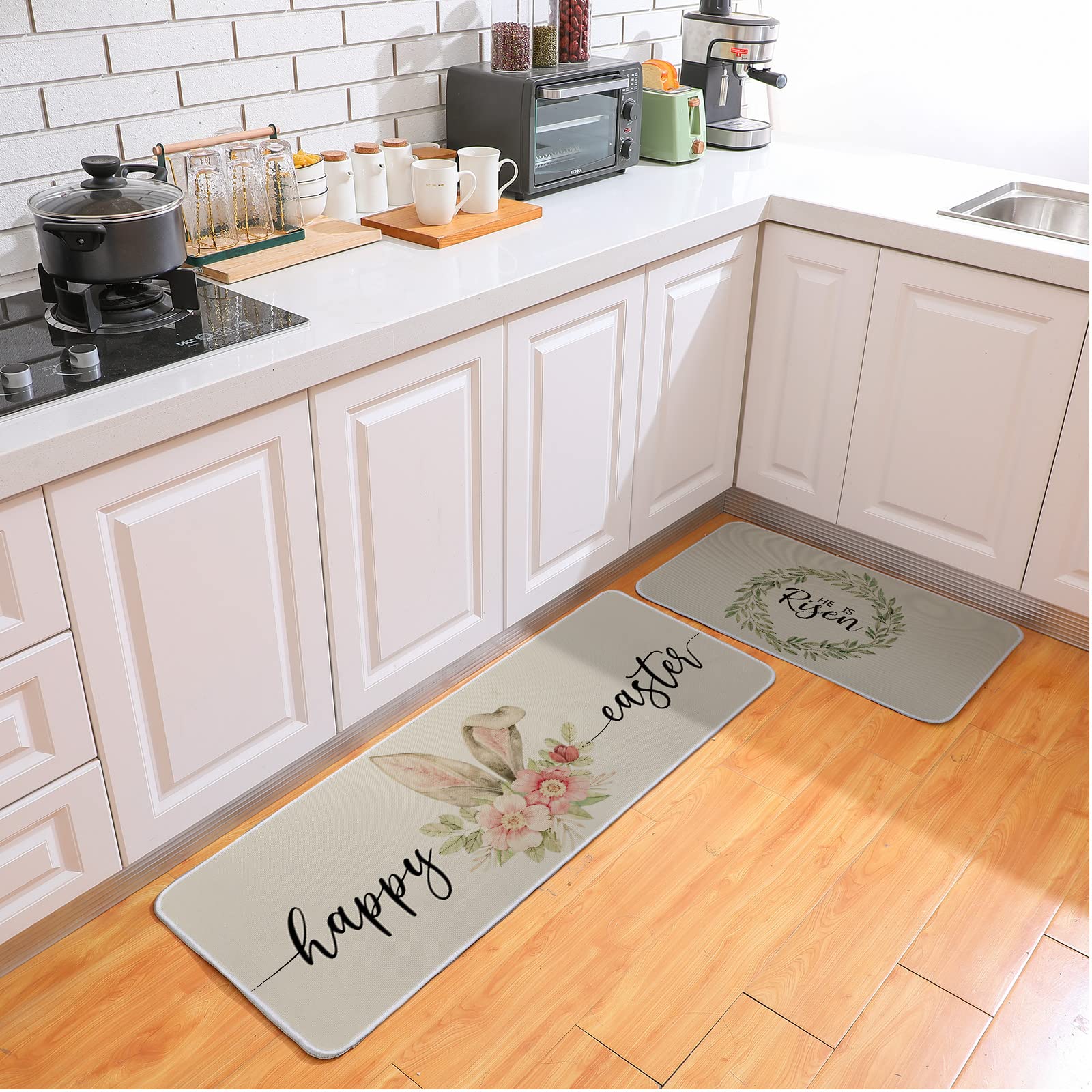 Riakrum 2 Pcs Easter Kitchen Rug Cute Bunny Ears Easter Doormat Seasonal Floral Easter Rug Non Slip Spring Mat for Kitchen Indoor Outdoor Yard Entrance Floor Garage Patio