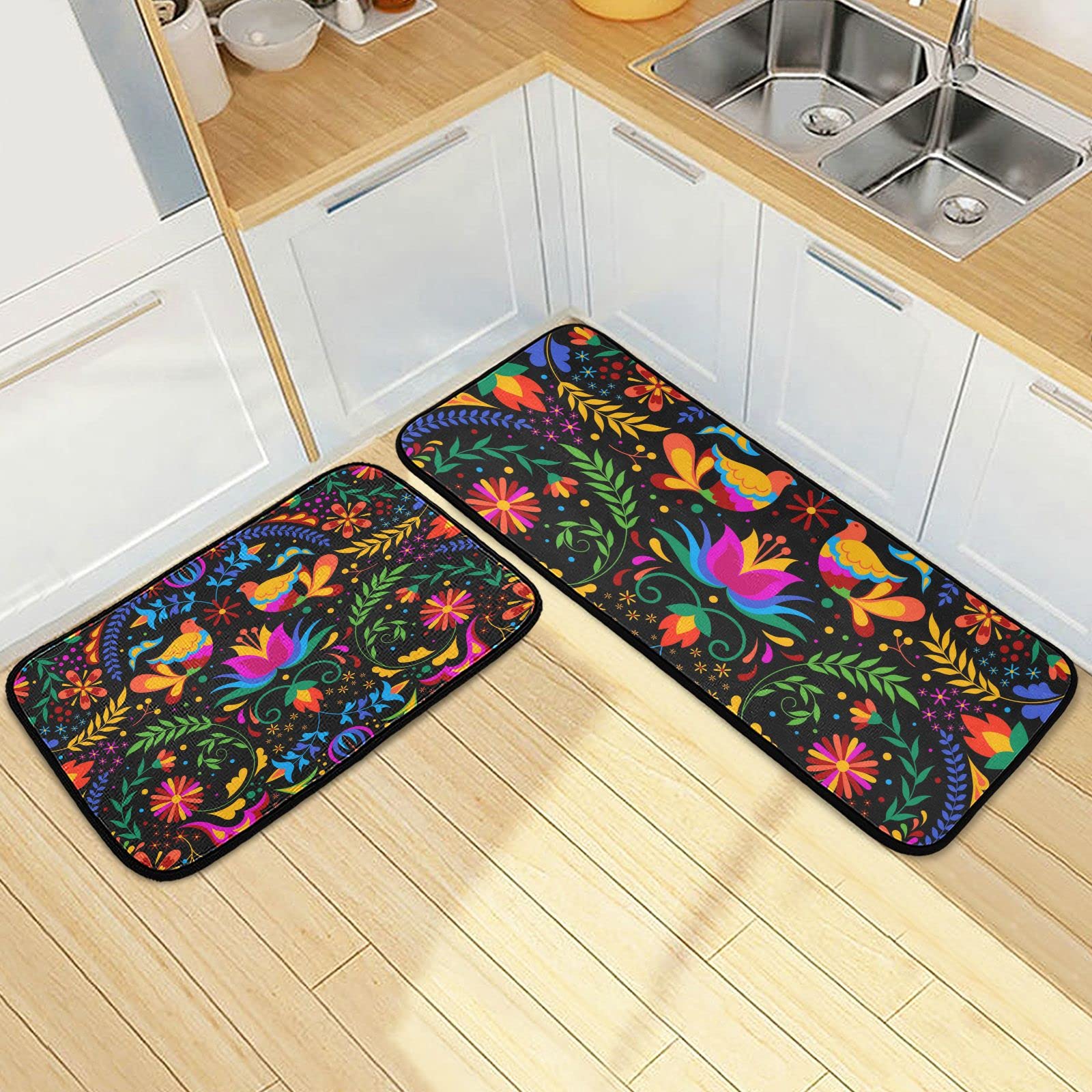 ZENWAWA Mexican Floral Bird Kitchen Rug 2 Pieces Set, Kitchen Mats Water Absorbent Comfort Standing Floor Rugs for Kitchen Sink Laundry Room