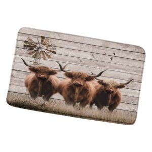 highland cows bath mat funny farm animal longhorn bull windmill rustic farmhouse wooden board bathroom rugs western country vintage barn door doormat kitchen toilet floor carpet