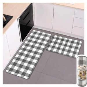 matace buffalo check plaid kitchen rug set - 2pcs (17x47 & 17x29), farmhouse style, non-printed woven surface, non-slip, machine washable, gray & white