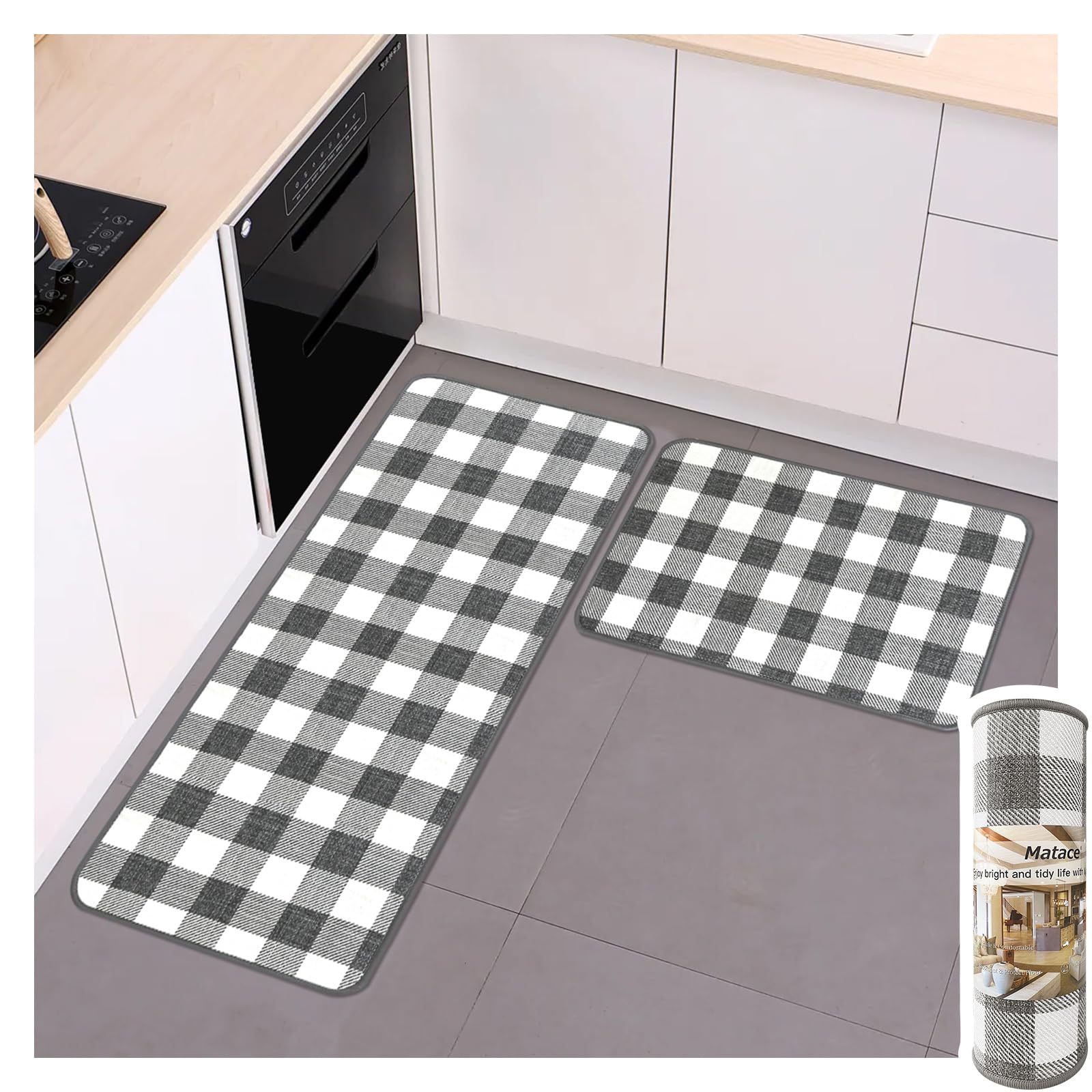 Matace Buffalo Check Plaid Kitchen Rug Set - 2PCS (17x47 & 17x29), Farmhouse Style, Non-Printed Woven Surface, Non-Slip, Machine Washable, Gray & White