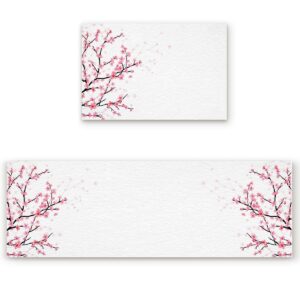 Midetoy 2 Piece Kitchen Rug Set Non Slip Cushioned Floor Mat Elegant Cherry Blossoms Kitchen Rugs Washable Doormat 17"X48"+17"X24"