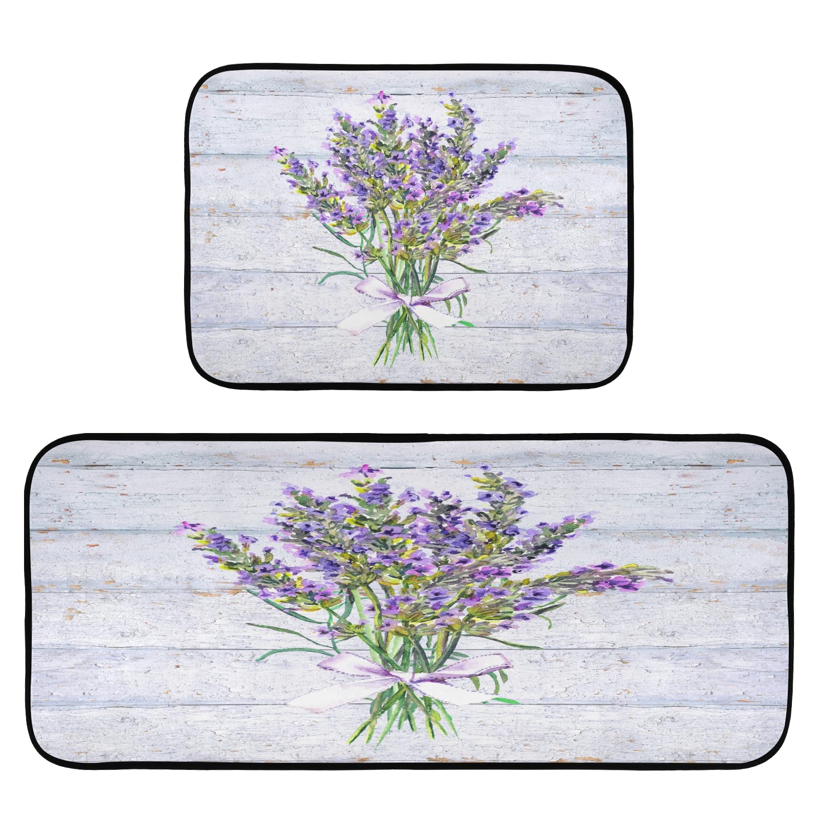 Washable Kitchen Rugs Set 2 Piece Vintage Provencal Lavender Flowers Anti Fatigue Floor Mats Bathroom Carpet, 27"x19" and 47"x19"