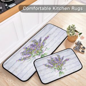 Washable Kitchen Rugs Set 2 Piece Vintage Provencal Lavender Flowers Anti Fatigue Floor Mats Bathroom Carpet, 27"x19" and 47"x19"