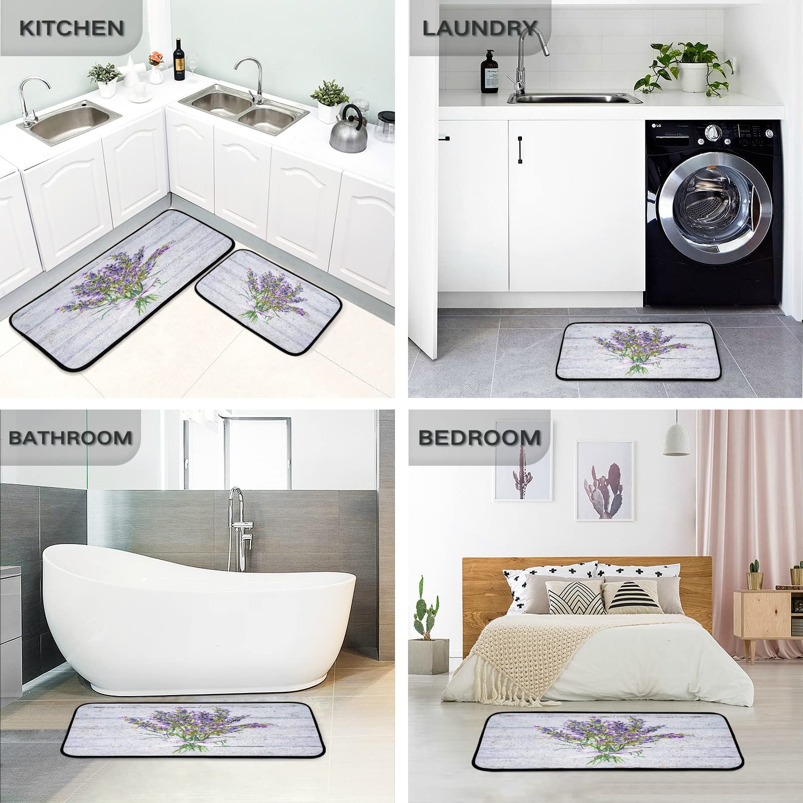 Washable Kitchen Rugs Set 2 Piece Vintage Provencal Lavender Flowers Anti Fatigue Floor Mats Bathroom Carpet, 27"x19" and 47"x19"