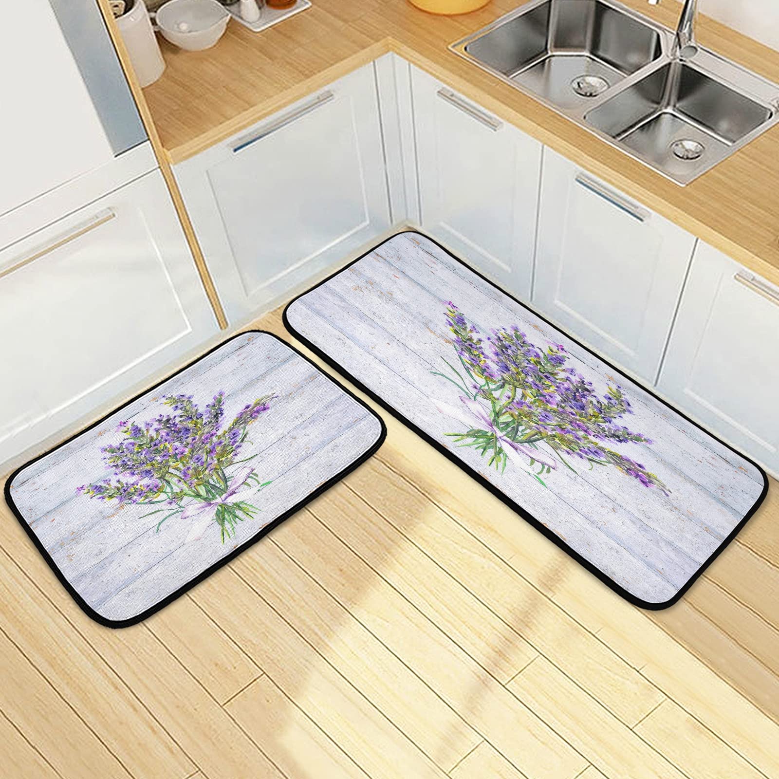 Washable Kitchen Rugs Set 2 Piece Vintage Provencal Lavender Flowers Anti Fatigue Floor Mats Bathroom Carpet, 27"x19" and 47"x19"