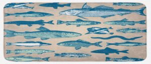 ambesonne fish kitchen mat, vintage style group of various different fish animals seafood theme grunge effect, plush decorative kithcen mat with non slip backing, 47" x 19", taupe navy