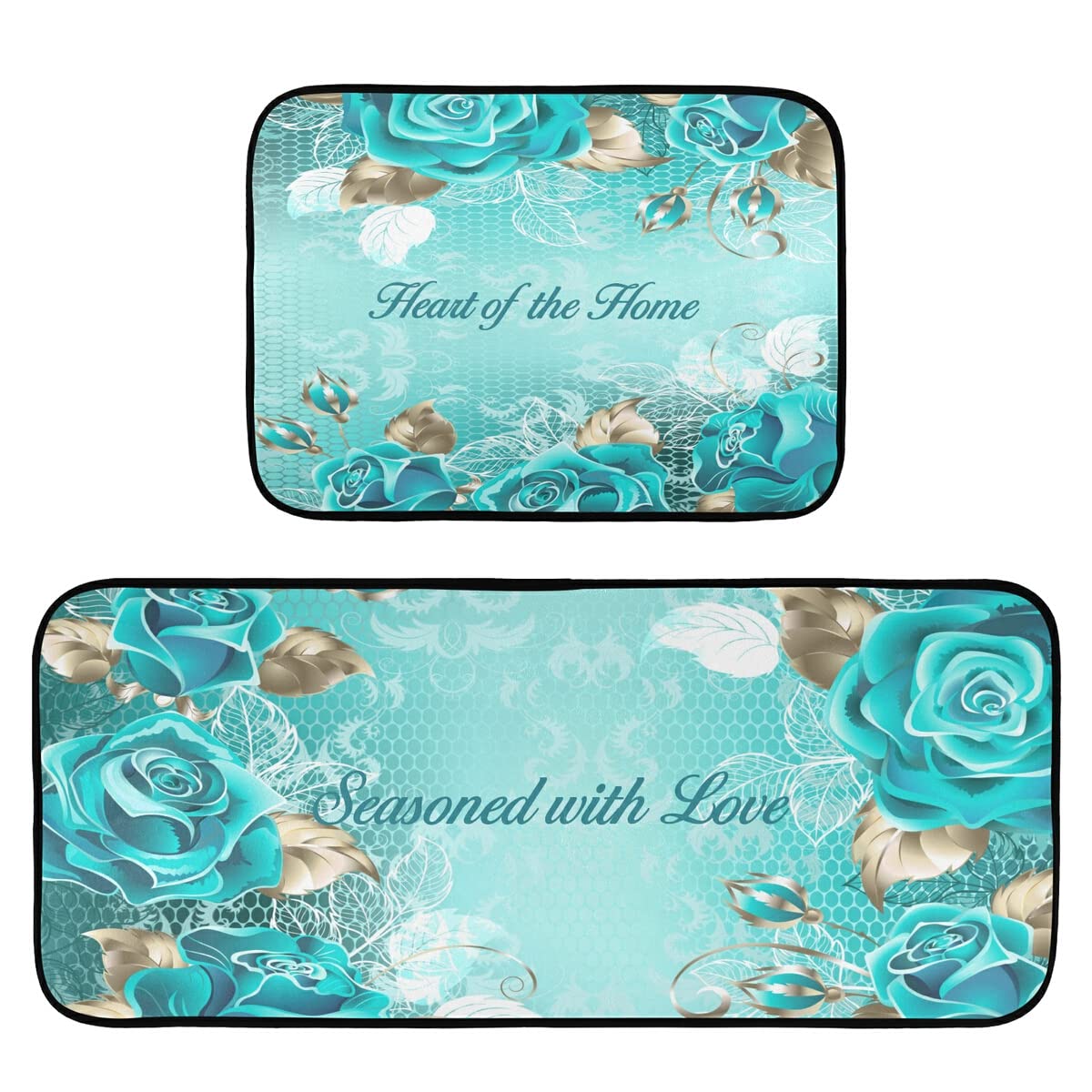 Emelivor Teal Rose Turquoise Kitchen Rugs and Mats Set 2 Piece Non Slip Washable Runner Rug Set of 2 for Kitchen Floor Home Decorative Laundry Hear of Home Seasoned Love