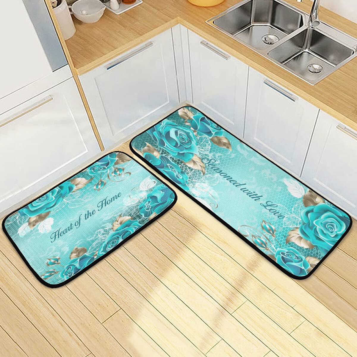 Emelivor Teal Rose Turquoise Kitchen Rugs and Mats Set 2 Piece Non Slip Washable Runner Rug Set of 2 for Kitchen Floor Home Decorative Laundry Hear of Home Seasoned Love