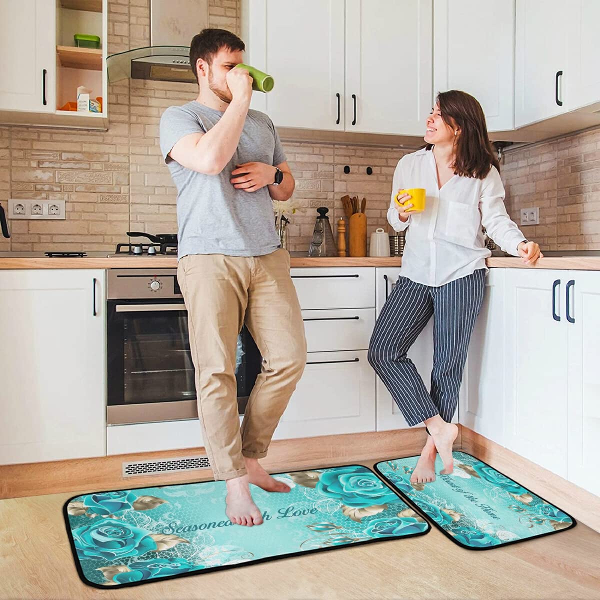 Emelivor Teal Rose Turquoise Kitchen Rugs and Mats Set 2 Piece Non Slip Washable Runner Rug Set of 2 for Kitchen Floor Home Decorative Laundry Hear of Home Seasoned Love