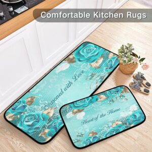 Emelivor Teal Rose Turquoise Kitchen Rugs and Mats Set 2 Piece Non Slip Washable Runner Rug Set of 2 for Kitchen Floor Home Decorative Laundry Hear of Home Seasoned Love