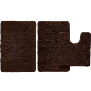 gorilla grip bath rug and area rug set, bath rug size 24 x 17 in, shaggy machine washable mats, area rug set size 22 x 19 x 15 in and 30x20, absorbent washable mats, both in brown, 2 item bundle