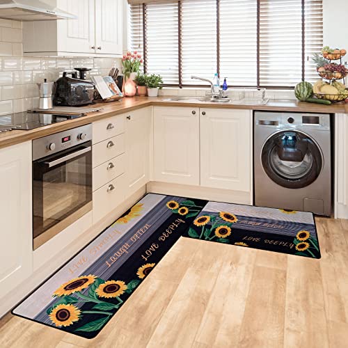 DALISHI Sunflower Kitchen Mat and Rug Set of 2, Farmhouse Kitchen Rug, Non-Slip Black Grey Yellow Kitchen Rug Runner Rug Kitchen Set Washable Floor Mats17*31.4 +17 * 47.2 in