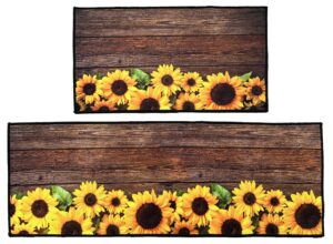 luowan fall sunflower farmhouse 2 piece kitchen mat set, non-slip anti-fatigue wooden grain standing mats, retro thanksgiving comfort throw rug for kitchen laundry office, 17"x29"+17"x47"