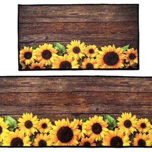 LUOWAN Fall Sunflower Farmhouse 2 Piece Kitchen Mat Set, Non-Slip Anti-Fatigue Wooden Grain Standing Mats, Retro Thanksgiving Comfort Throw Rug for Kitchen Laundry Office, 17"x29"+17"x47"