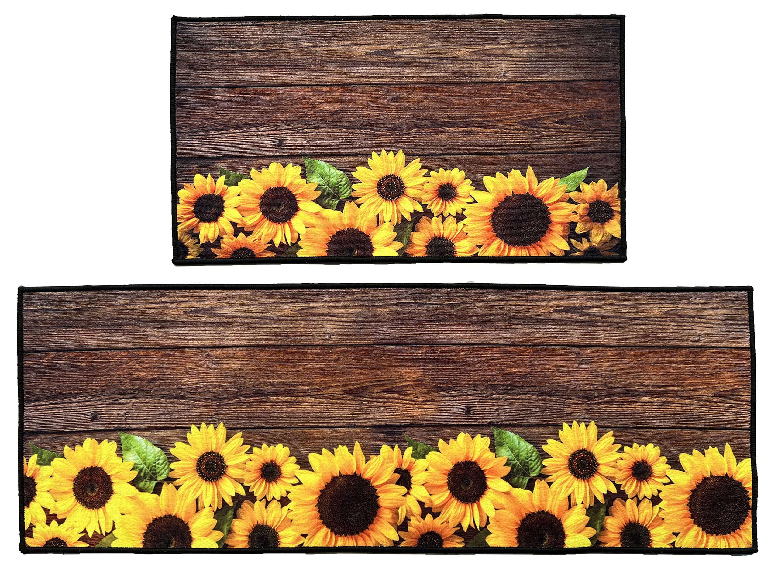 LUOWAN Fall Sunflower Farmhouse 2 Piece Kitchen Mat Set, Non-Slip Anti-Fatigue Wooden Grain Standing Mats, Retro Thanksgiving Comfort Throw Rug for Kitchen Laundry Office, 17"x29"+17"x47"