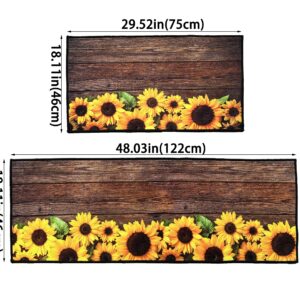 LUOWAN Fall Sunflower Farmhouse 2 Piece Kitchen Mat Set, Non-Slip Anti-Fatigue Wooden Grain Standing Mats, Retro Thanksgiving Comfort Throw Rug for Kitchen Laundry Office, 17"x29"+17"x47"