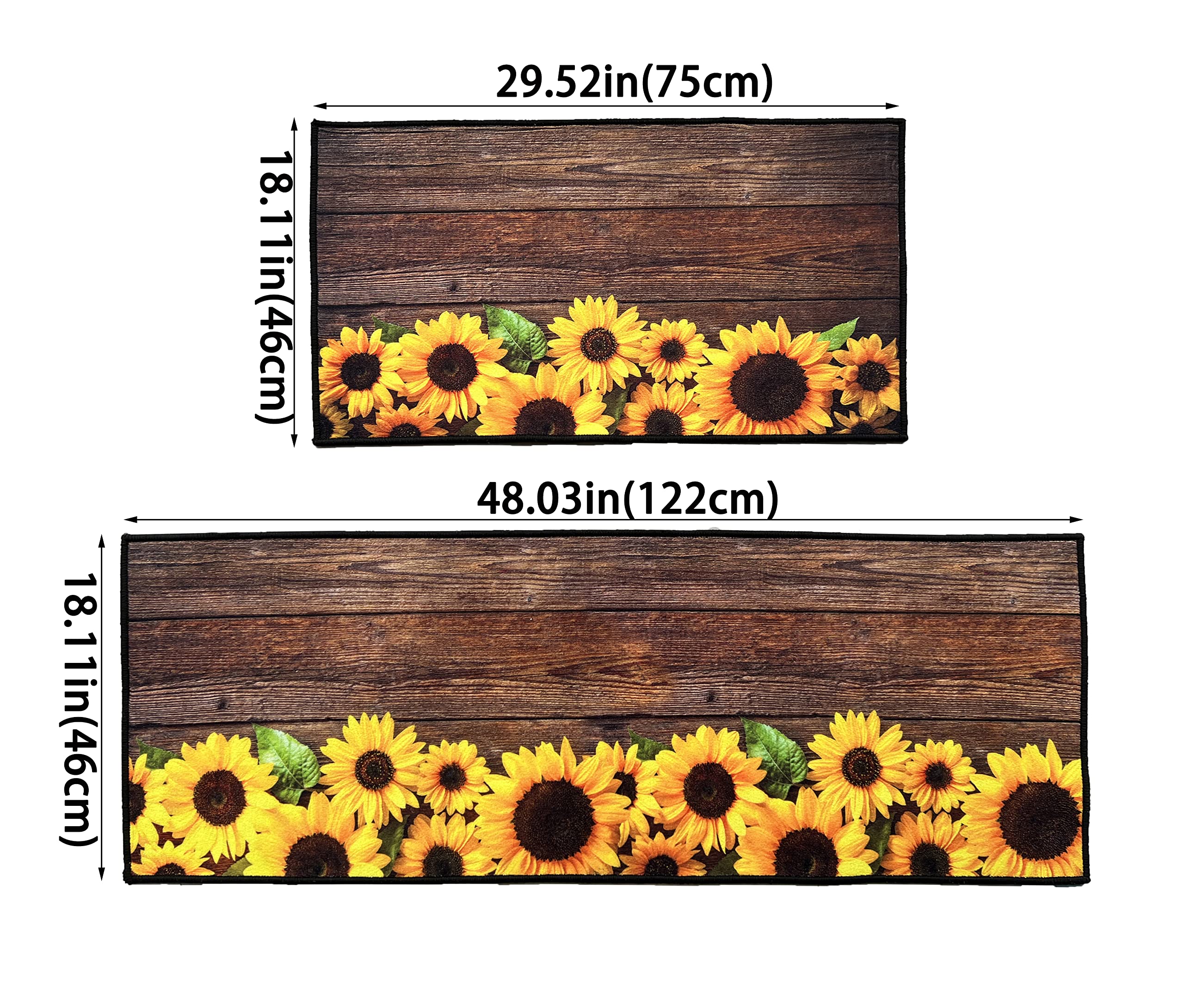 LUOWAN Fall Sunflower Farmhouse 2 Piece Kitchen Mat Set, Non-Slip Anti-Fatigue Wooden Grain Standing Mats, Retro Thanksgiving Comfort Throw Rug for Kitchen Laundry Office, 17"x29"+17"x47"