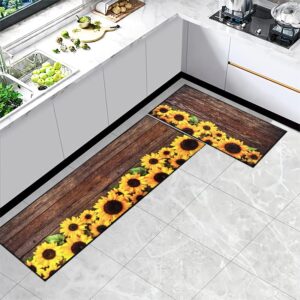 LUOWAN Fall Sunflower Farmhouse 2 Piece Kitchen Mat Set, Non-Slip Anti-Fatigue Wooden Grain Standing Mats, Retro Thanksgiving Comfort Throw Rug for Kitchen Laundry Office, 17"x29"+17"x47"