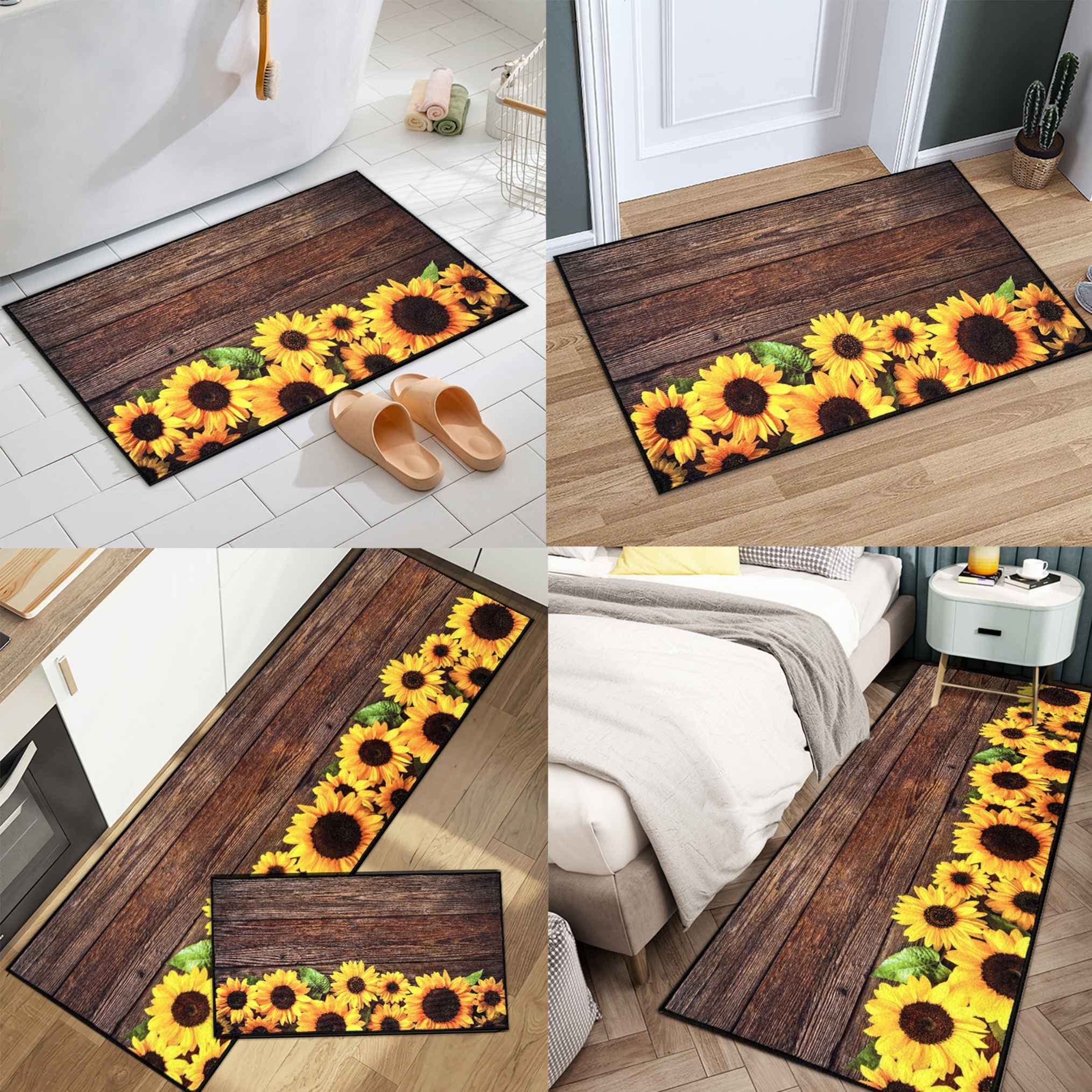 LUOWAN Fall Sunflower Farmhouse 2 Piece Kitchen Mat Set, Non-Slip Anti-Fatigue Wooden Grain Standing Mats, Retro Thanksgiving Comfort Throw Rug for Kitchen Laundry Office, 17"x29"+17"x47"