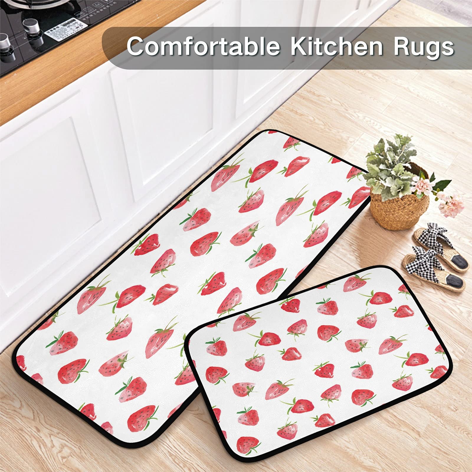 ALAZA Strawberry Watercolor 2 Piece Kitchen Rug Floor Mat Set Runner Rugs Non-Slip for Kitchen Laundry Office 20" x 28" + 20" x 48"