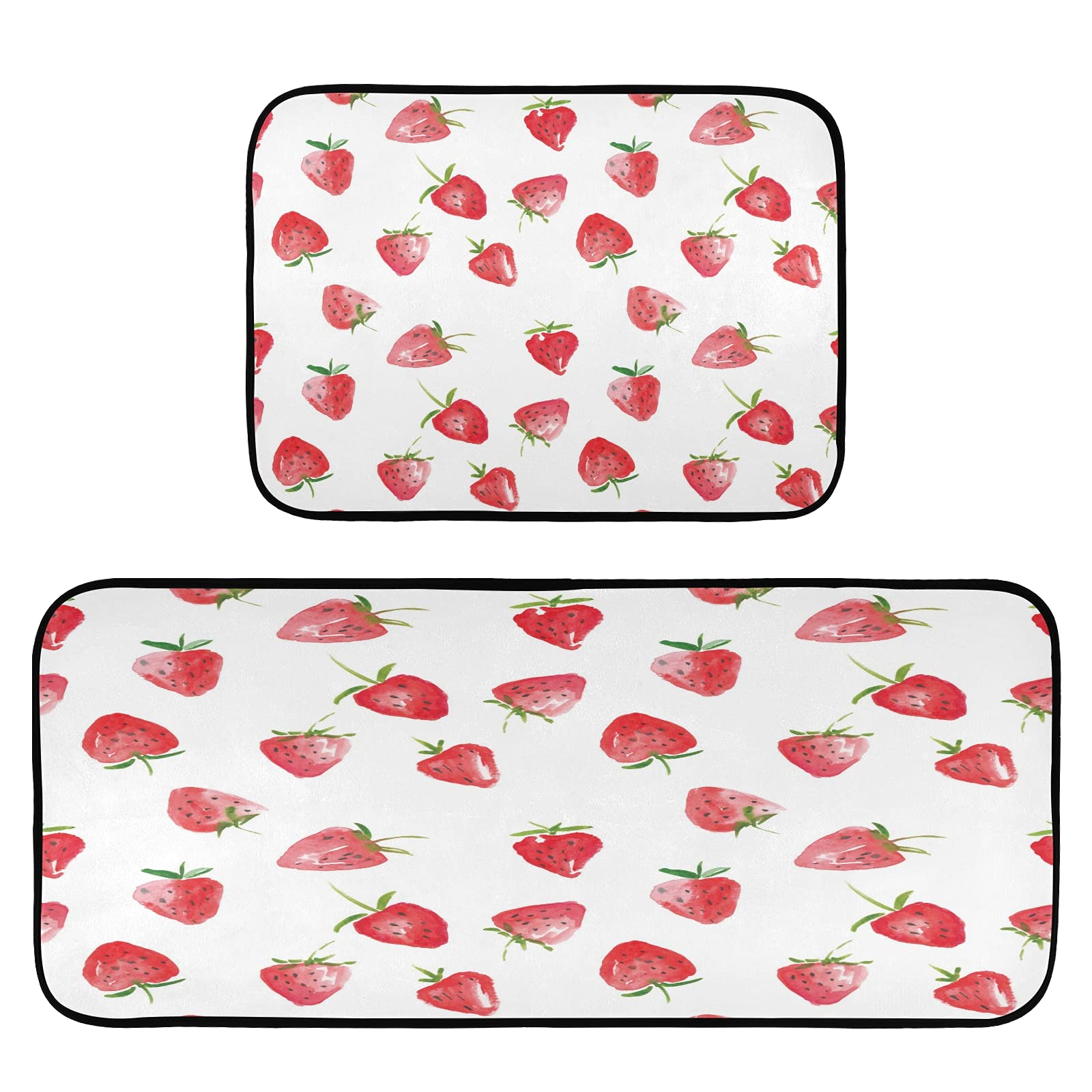 ALAZA Strawberry Watercolor 2 Piece Kitchen Rug Floor Mat Set Runner Rugs Non-Slip for Kitchen Laundry Office 20" x 28" + 20" x 48"