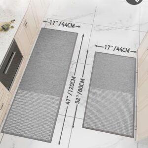 Hargiis Kitchen Mat 2PCS, Rubber Non-Skid Kitchen Rugs Washable, Absorbent Runner Mat for Floor, Machine Washable Mats for in Front of Sink, Door, Laundry, Entrance, Home (Grey, 47"×17"+32"×17")