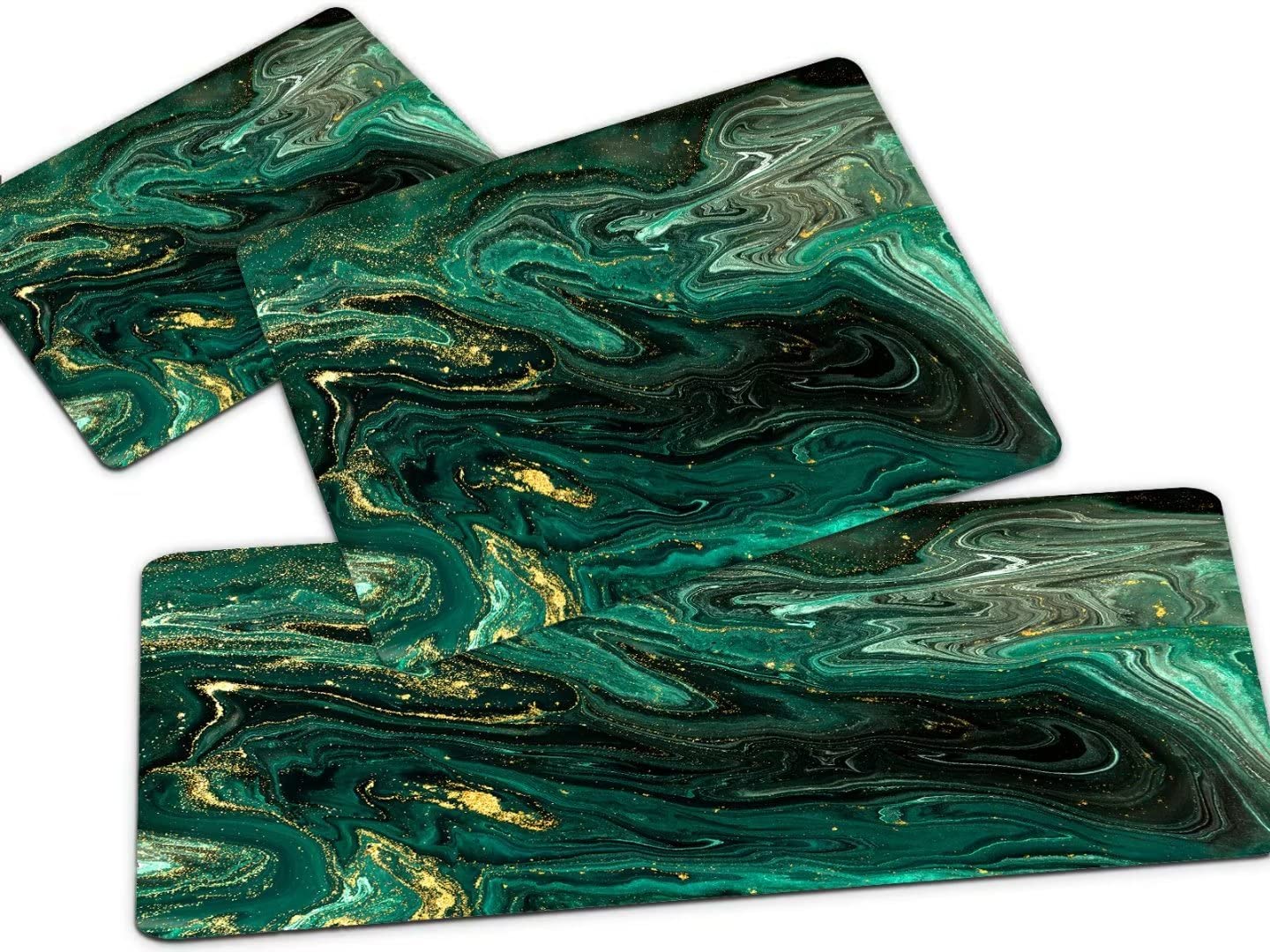 Kitchen Rug Sets 3 Piece,Abstract Pour Painting Liquid Marble Dark Green Teal Painting Gold Accent Art Print,Floor Mats Washable Doormat Anti Fatigue Non-Slip Kitchen Runner Rug Bedroom Area Carpet