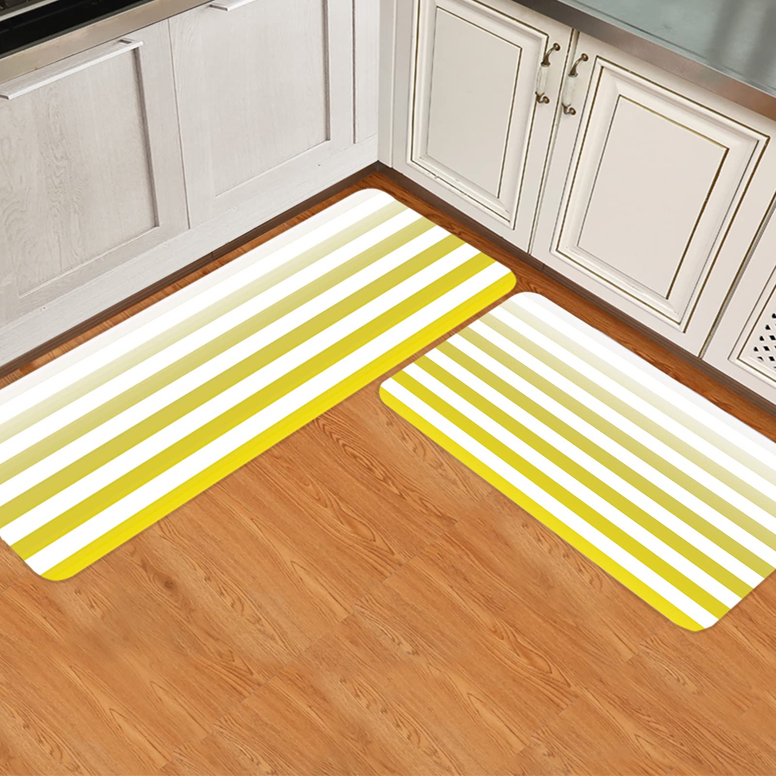 Yellow White Striped Kitchen Mat Set of 2, Cushioned Anti-Fatigue Kitchen Rugs, Waterproof & Non-Slipping Kitchen Mat for Floor, Durable Kitchen Rugs and Mats for Kitchen & Laundry, Gradient Color