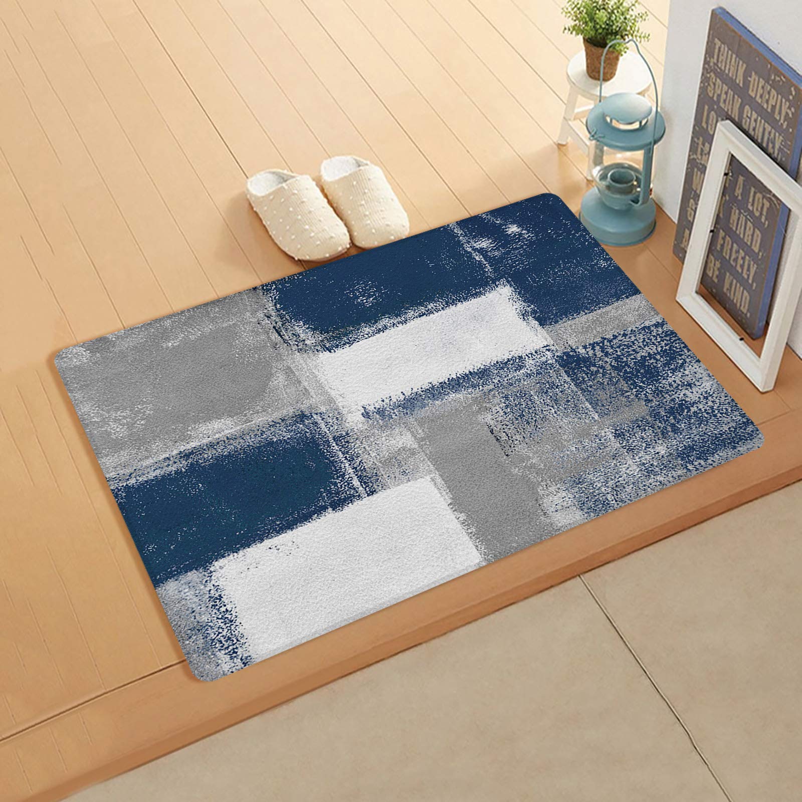 Abstract Geometric Patchwork Oil Painting Blue Grey White Antifatigue Kitchen Bath Door Mat Cushioned Runner Rug,Washable Welcome Floor Sink Mat,Waterproof & Non-Slip Comfort Standing Doormat,18"x30"