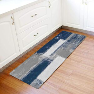 Abstract Geometric Patchwork Oil Painting Blue Grey White Antifatigue Kitchen Bath Door Mat Cushioned Runner Rug,Washable Welcome Floor Sink Mat,Waterproof & Non-Slip Comfort Standing Doormat,18"x30"