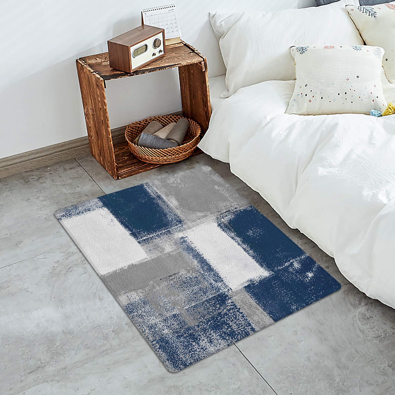 Abstract Geometric Patchwork Oil Painting Blue Grey White Antifatigue Kitchen Bath Door Mat Cushioned Runner Rug,Washable Welcome Floor Sink Mat,Waterproof & Non-Slip Comfort Standing Doormat,18"x30"