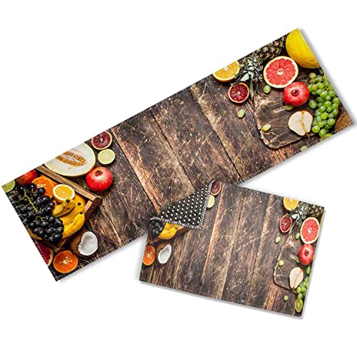 SDIZDIPK Kitchen Rugs Washable,Fruits Wood Background,Non Skid Anti-Fatigue Floor Mats for Sink,2 Pcs Set (52''X17''+ 26''X17''), 52x17