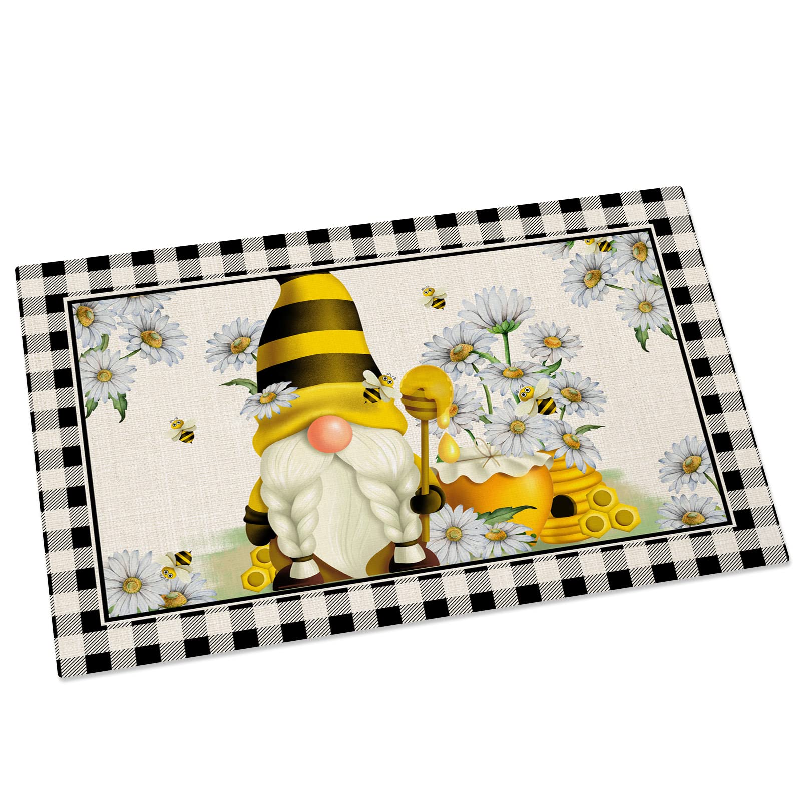 Welcome Rectangular Door Mat Farmhouse Dwarfs Daisy Floral Bees Black White Gingham Entrance Way Rugs Doormats Soft Non-Slip Washable Bath Rugs Floor Mats for Home Bathroom Kitchen 16x24 Inch