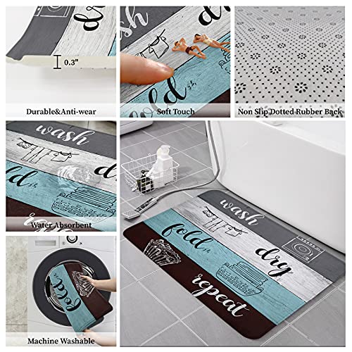 Laundry Room 1 PC Cushioned Anti-Fatigue Kitchen Mats and Rugs,Bathroom Dry Wash Fold Repeat Grey Blue White Brown Farmhouse Wood Bath Mat Area Rug Accent Runner Floor Indoor Doormat Standing Mat