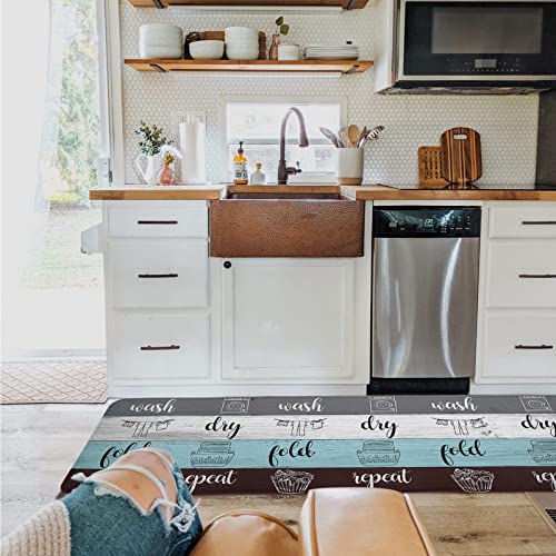 Laundry Room 1 PC Cushioned Anti-Fatigue Kitchen Mats and Rugs,Bathroom Dry Wash Fold Repeat Grey Blue White Brown Farmhouse Wood Bath Mat Area Rug Accent Runner Floor Indoor Doormat Standing Mat