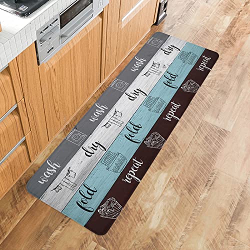 Laundry Room 1 PC Cushioned Anti-Fatigue Kitchen Mats and Rugs,Bathroom Dry Wash Fold Repeat Grey Blue White Brown Farmhouse Wood Bath Mat Area Rug Accent Runner Floor Indoor Doormat Standing Mat