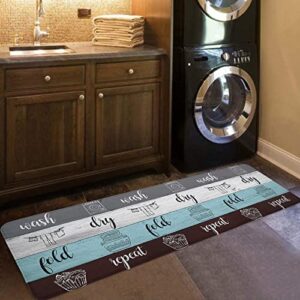 Laundry Room 1 PC Cushioned Anti-Fatigue Kitchen Mats and Rugs,Bathroom Dry Wash Fold Repeat Grey Blue White Brown Farmhouse Wood Bath Mat Area Rug Accent Runner Floor Indoor Doormat Standing Mat