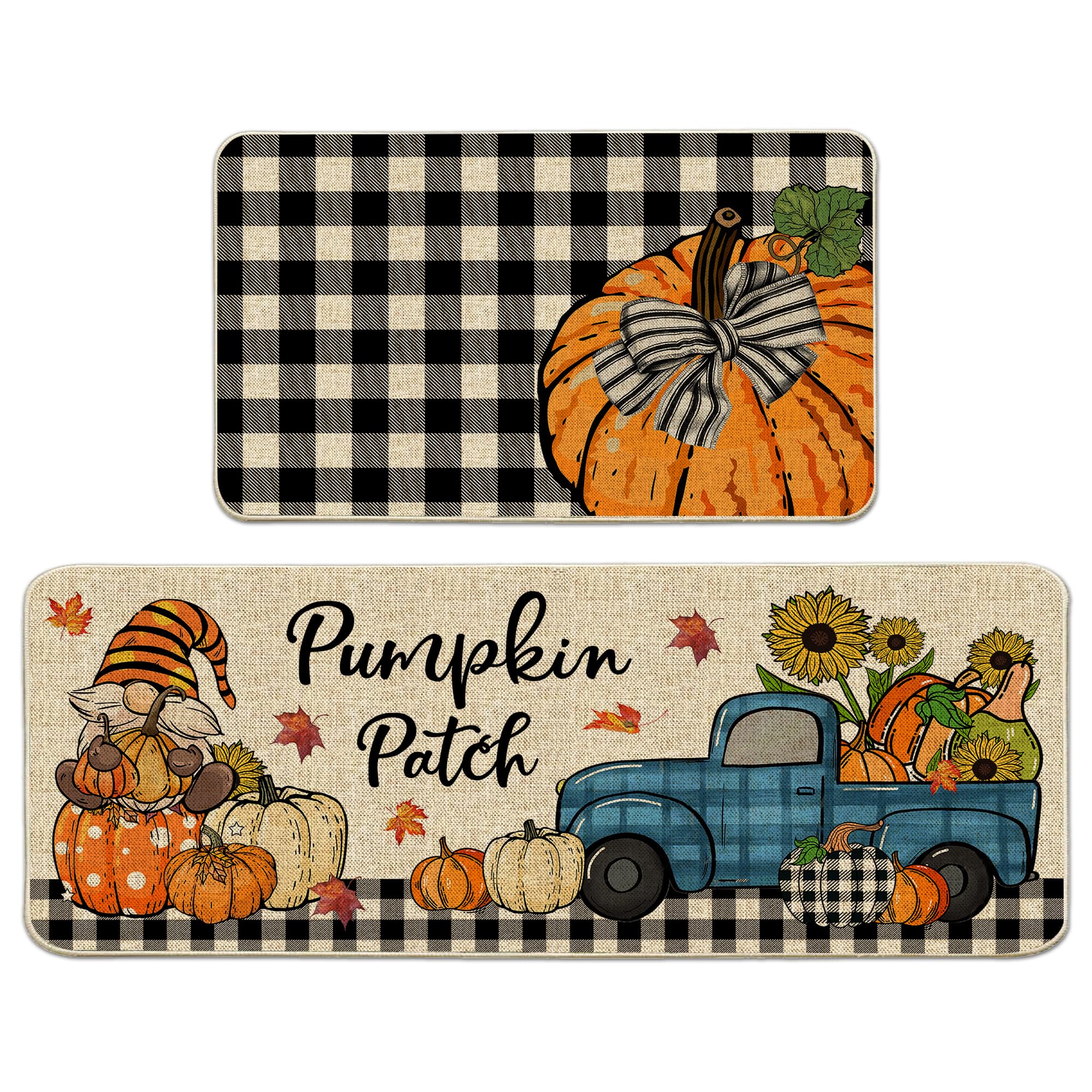 pinata Fall Kitchen Rugs and Mats Set of 2 - Hello Fall Y’All Gnomes Pumpkin Farmhouse Fall Kitchen Decor Mats for Floor - 17x29 and 17x47 Inch