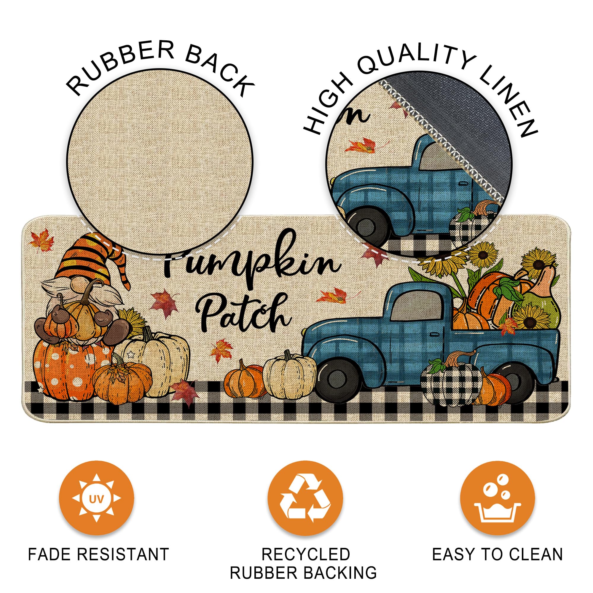 pinata Fall Kitchen Rugs and Mats Set of 2 - Hello Fall Y’All Gnomes Pumpkin Farmhouse Fall Kitchen Decor Mats for Floor - 17x29 and 17x47 Inch