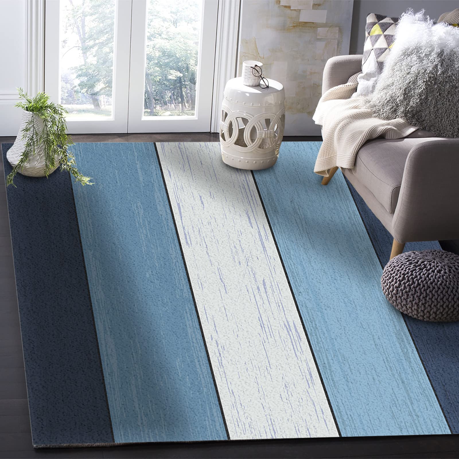 Area Rug for Bedroom Living Room Decor,Farm Wooden Rustic Barn Board Ultra Soft Non-Slip Accent Rugs Indoor Large Floor Carpet Blue and Grey Ombre Wood Grain Non-Shedding Nursery Floor Mat,60x96in