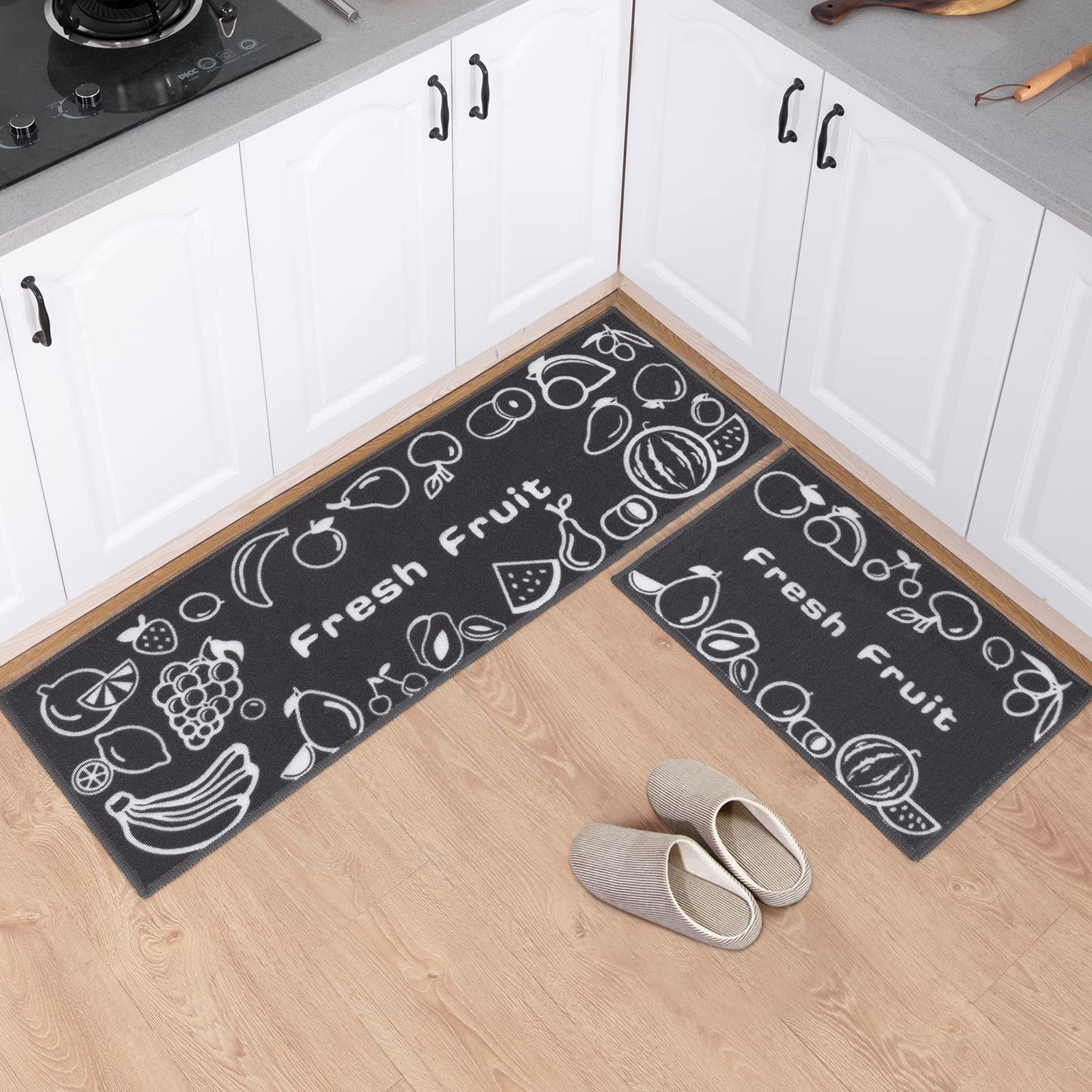 Asrug 2 Pieces Kitchen Rug Set Non-Slip Rubber Backing Kitchen Mat, Fruit, 15"x47"+15"x23"