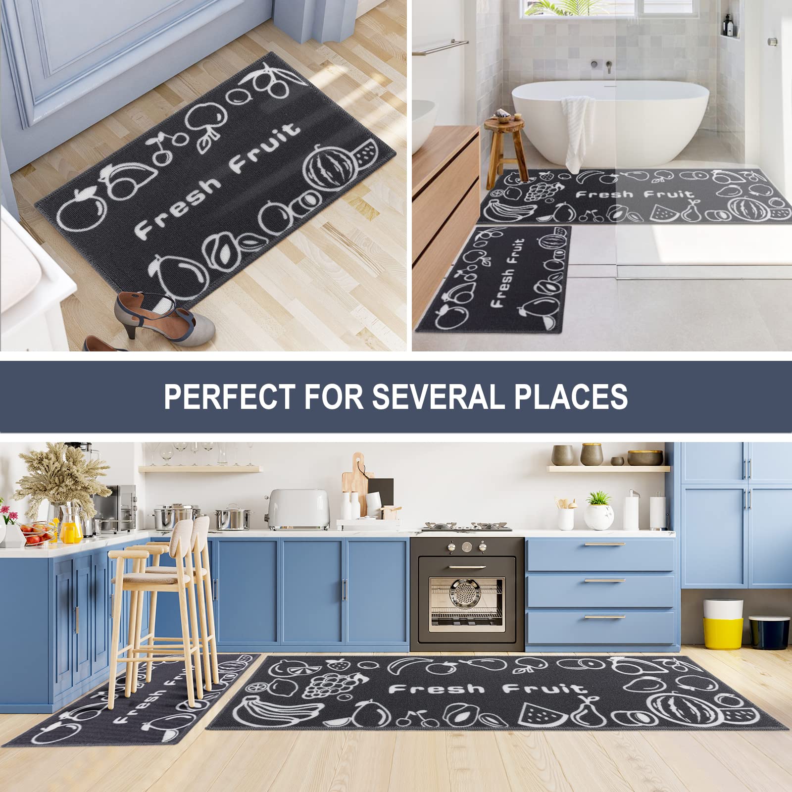 Asrug 2 Pieces Kitchen Rug Set Non-Slip Rubber Backing Kitchen Mat, Fruit, 15"x47"+15"x23"