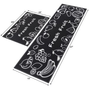 Asrug 2 Pieces Kitchen Rug Set Non-Slip Rubber Backing Kitchen Mat, Fruit, 15"x47"+15"x23"