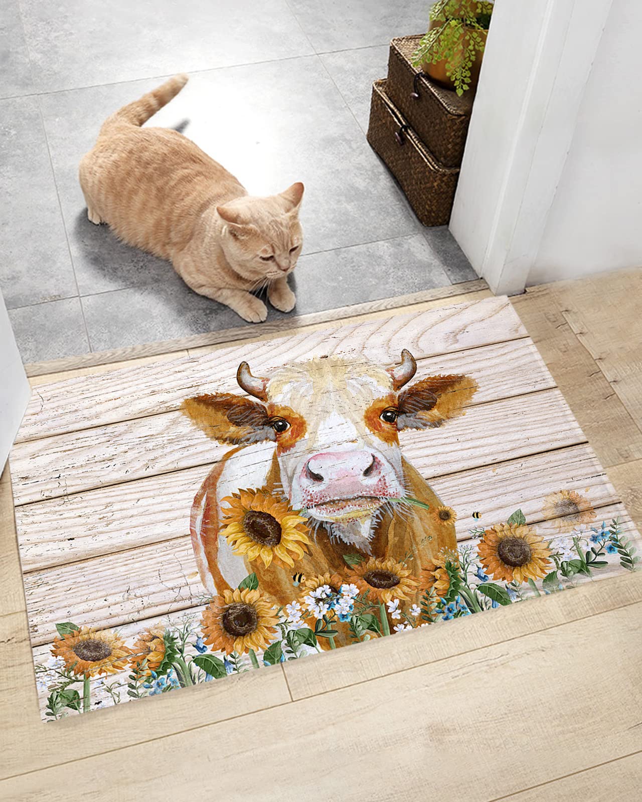 Fluffy Bath Rug Cow Sunflower Farm Flowers Animals Plank,Non Slip Shag Carpet Soft Floor Door Mat Pastoral Country Farmhouse,Absorbent Entrance Rugs for Kitchen Bathroom Living Room 24x35in