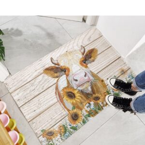 Fluffy Bath Rug Cow Sunflower Farm Flowers Animals Plank,Non Slip Shag Carpet Soft Floor Door Mat Pastoral Country Farmhouse,Absorbent Entrance Rugs for Kitchen Bathroom Living Room 24x35in