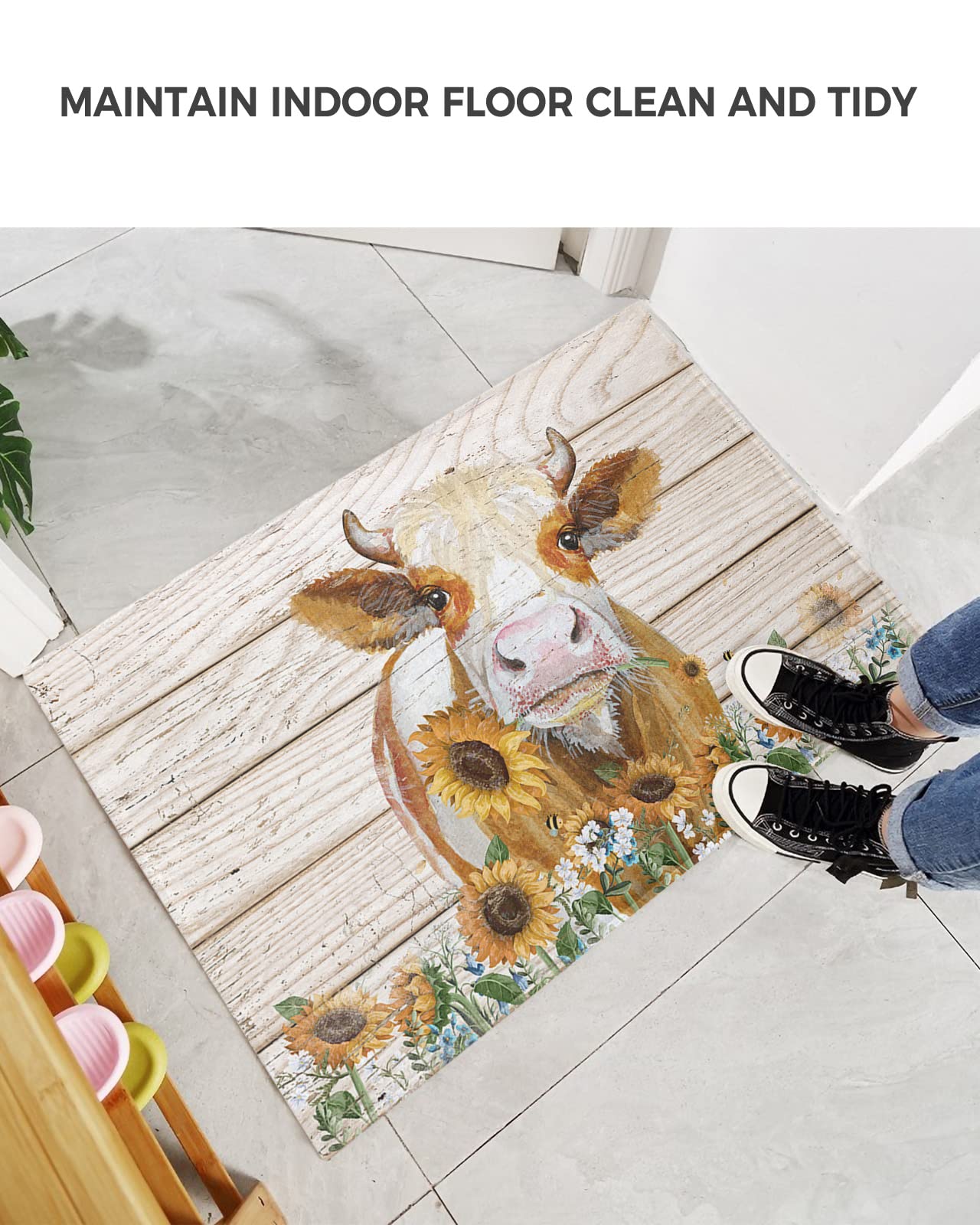 Fluffy Bath Rug Cow Sunflower Farm Flowers Animals Plank,Non Slip Shag Carpet Soft Floor Door Mat Pastoral Country Farmhouse,Absorbent Entrance Rugs for Kitchen Bathroom Living Room 24x35in