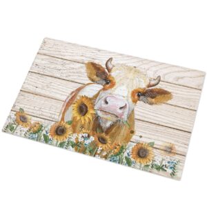 Fluffy Bath Rug Cow Sunflower Farm Flowers Animals Plank,Non Slip Shag Carpet Soft Floor Door Mat Pastoral Country Farmhouse,Absorbent Entrance Rugs for Kitchen Bathroom Living Room 24x35in