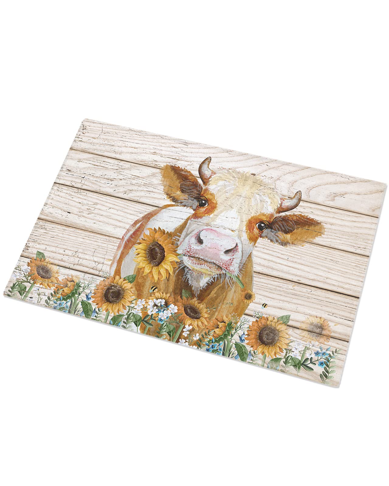 Fluffy Bath Rug Cow Sunflower Farm Flowers Animals Plank,Non Slip Shag Carpet Soft Floor Door Mat Pastoral Country Farmhouse,Absorbent Entrance Rugs for Kitchen Bathroom Living Room 24x35in